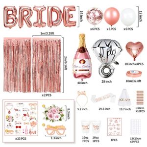 MOVINPE Bachelorette Party Decorations, Bride to Be Sash, Veil, Tiara, Photo Booth Props, Foil Curtains, Champagne Ring Balloon, Cups, Straws, Tattoos, Rose Gold Bridal Shower Party Supplies Decor