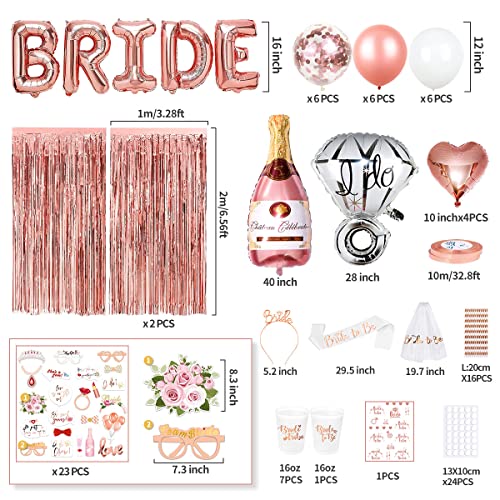 MOVINPE Bachelorette Party Decorations, Bride to Be Sash, Veil, Tiara, Photo Booth Props, Foil Curtains, Champagne Ring Balloon, Cups, Straws, Tattoos, Rose Gold Bridal Shower Party Supplies Decor