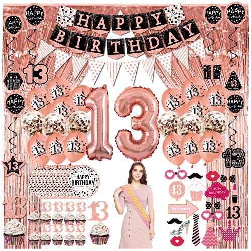 13th Birthday Decorations for Girls - (76pack) Rose Gold Party Banner, Pennant, Hanging Swirl, Birthday Balloons, Foil Backdrops, Cupcake Topper, Plates, Photo Props,Sash,13th Birthday Gifts