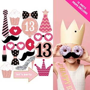 13th Birthday Decorations for Girls - (76pack) Rose Gold Party Banner, Pennant, Hanging Swirl, Birthday Balloons, Foil Backdrops, Cupcake Topper, Plates, Photo Props,Sash,13th Birthday Gifts