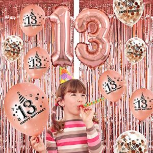 13th Birthday Decorations for Girls - (76pack) Rose Gold Party Banner, Pennant, Hanging Swirl, Birthday Balloons, Foil Backdrops, Cupcake Topper, Plates, Photo Props,Sash,13th Birthday Gifts