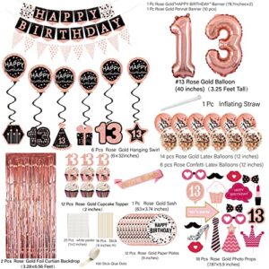 13th Birthday Decorations for Girls - (76pack) Rose Gold Party Banner, Pennant, Hanging Swirl, Birthday Balloons, Foil Backdrops, Cupcake Topper, Plates, Photo Props,Sash,13th Birthday Gifts