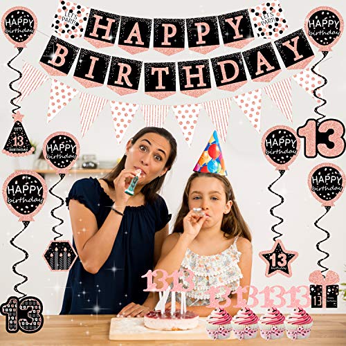 13th Birthday Decorations for Girls - (76pack) Rose Gold Party Banner, Pennant, Hanging Swirl, Birthday Balloons, Foil Backdrops, Cupcake Topper, Plates, Photo Props,Sash,13th Birthday Gifts