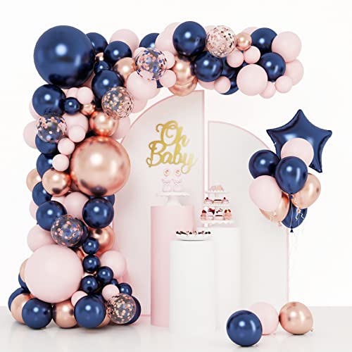 Holicolor 157pcs Blue and Pink Balloon Arch Garland Kit, Gender Reveal Balloon Navy Blue Rose Gold Pink and Confetti Latex Balloons with Blue Foil Star for Baby Shower Birthday Wedding and Graduation