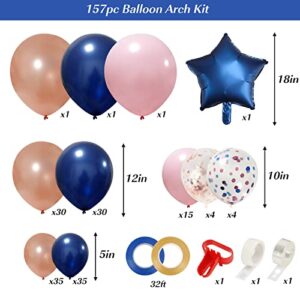 Holicolor 157pcs Blue and Pink Balloon Arch Garland Kit, Gender Reveal Balloon Navy Blue Rose Gold Pink and Confetti Latex Balloons with Blue Foil Star for Baby Shower Birthday Wedding and Graduation