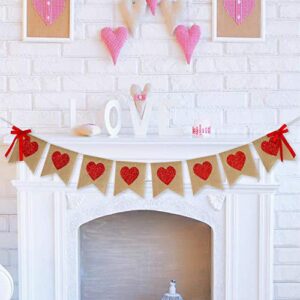 Burlap Heart Banner Garland | Red Glitter Heart | Valentine's Day Decorations| Rustic Valentines Decor | Valentines Burlap Banner | Wedding Anniversary Birthday Party Decorations Supplies