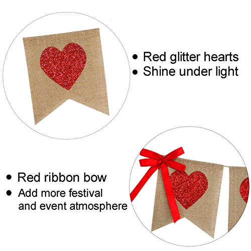 Burlap Heart Banner Garland | Red Glitter Heart | Valentine's Day Decorations| Rustic Valentines Decor | Valentines Burlap Banner | Wedding Anniversary Birthday Party Decorations Supplies