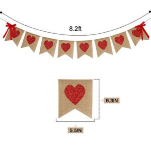 Burlap Heart Banner Garland | Red Glitter Heart | Valentine's Day Decorations| Rustic Valentines Decor | Valentines Burlap Banner | Wedding Anniversary Birthday Party Decorations Supplies