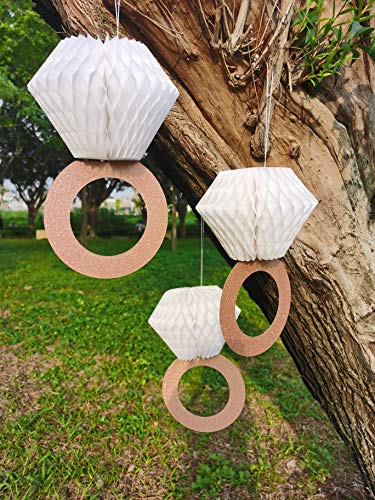 Engagement Party Decorations, Bridal Shower Supplies, Honeycomb Ring Hanging Decorations, Rose Gold Glitter Diamond Rings (6pcs), Engaged Diamond Rings Decorations for Engagement