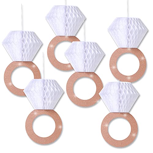 Engagement Party Decorations, Bridal Shower Supplies, Honeycomb Ring Hanging Decorations, Rose Gold Glitter Diamond Rings (6pcs), Engaged Diamond Rings Decorations for Engagement