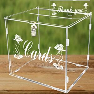 fcdecor acrylic wedding card box with lock, clear card boxes for wedding reception money holder with card sign for wedding decorations, baby showers, birthdays, bridal or graduation party supplies