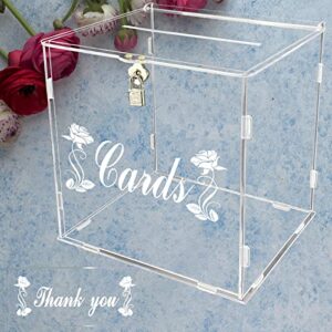 FCDECOR Acrylic Wedding Card Box with Lock, Clear Card Boxes for Wedding Reception Money Holder with Card Sign for Wedding Decorations, Baby Showers, Birthdays, Bridal or Graduation Party Supplies