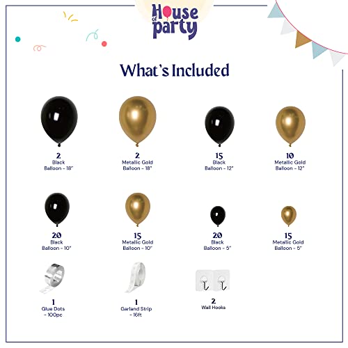 HOUSE OF PARTY Black and Gold Balloons - Metallic Black and Gold Happy New Year Balloon Garland Kit for Birthday & Party Decorations 2023