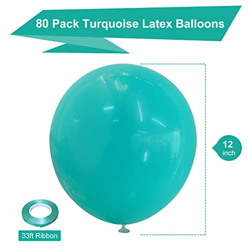 Teal Latex Balloons 80 Pack 12 Inch Turquoise Party Balloons for Birthday Party Baby Shower Graduation Mermaid Unicorn Under the Sea Beach Nautical Teal Party Decoration with 33ft Ribbon