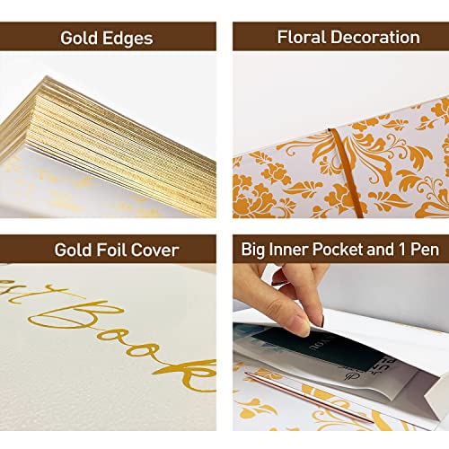 JUBTIC Wedding Guest Book with Gold Foil — Registry Sign-in Book for Reception, Party of Anniversary,Birthday,Baby Shower — Memorial Guestbook with Gilded Edges, 1 Metal Pen, Hardcover Design, 7" x10″