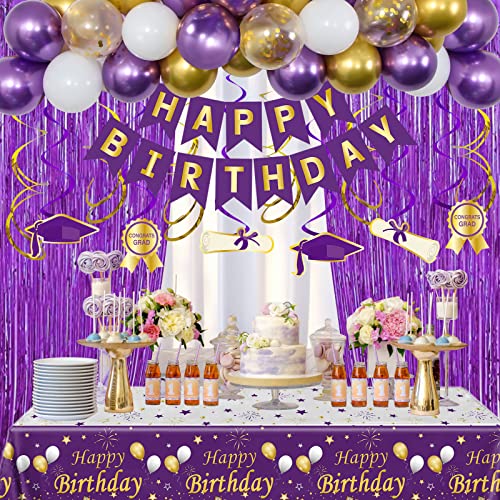 Birthday Decorations for Women girls, Purple Gold Birthday Decorations for Women with Bunting Banner, Fringe Curtains, Hanging Swirl,Tablecloth Balloons Arch Kit Engagement Anniversary Party Decor Suit