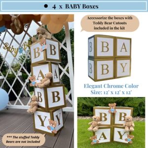 134 pc Teddy Bear Baby Shower Decorations for Boy - Balloon Arch Garland & BABY Boxes, Baby Boy Gold Glitter Banner and Bear Cutouts – Teddy Bear Themed Boy Baby Shower Decorations