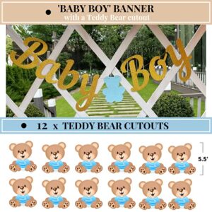 134 pc Teddy Bear Baby Shower Decorations for Boy - Balloon Arch Garland & BABY Boxes, Baby Boy Gold Glitter Banner and Bear Cutouts – Teddy Bear Themed Boy Baby Shower Decorations