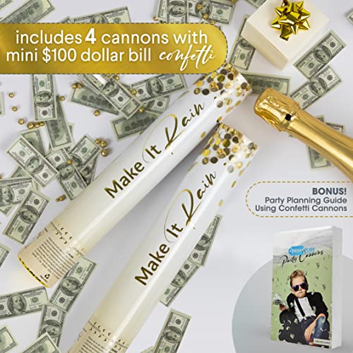 Large Confetti Cannon Bulk - 4 Pack Small 100 Dollar Bill Money Confetti Popper Cannon | Party Poppers Confetti Shooters Gun | Money Confetti Cannon | Confetti Money Cannon for Celebrations, Birthday | Confetti Popper Gun | Money Confetti Tube