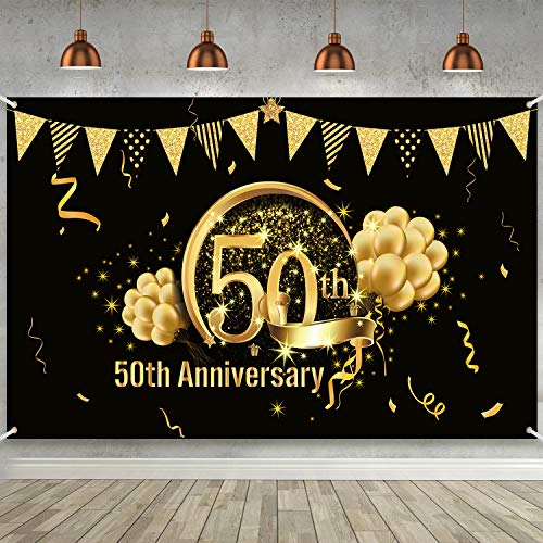 50th Anniversary Decorations, Extra Large Fabric Black Gold Sign Poster for 50th Anniversary Backdrop Photo Booth Background Banner 50th Birthday Party Supplies