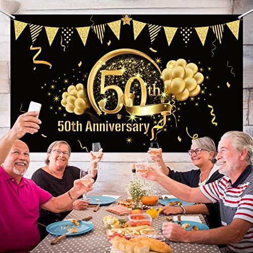 50th Anniversary Decorations, Extra Large Fabric Black Gold Sign Poster for 50th Anniversary Backdrop Photo Booth Background Banner 50th Birthday Party Supplies