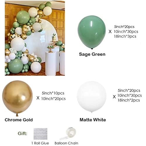 137Pcs Sage Green White Gold DIY Balloon Arch Arch Kit Bridal Shower Green Baby Shower Sage Green White And Chrome Gold Balloon Garland (Green)