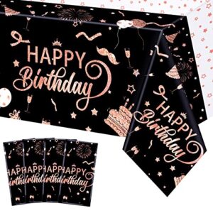 famoby 4 packs 54″ x 108″ rose gold happy birthday disposable plastic waterproof table cover for rectangle tables black background indoor & outdoor birthdays anniversary party decorations