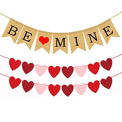 Valentines Day Banners - BE Mine Burlap Banner with 2 Felt Heart Garland Banners - Valentine's Day Decorations, Wedding, Engagement Party Supplies