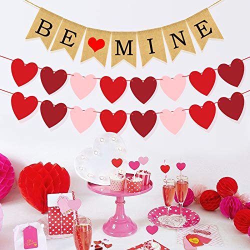 Valentines Day Banners - BE Mine Burlap Banner with 2 Felt Heart Garland Banners - Valentine's Day Decorations, Wedding, Engagement Party Supplies