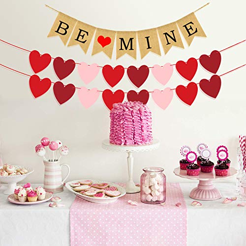 Valentines Day Banners - BE Mine Burlap Banner with 2 Felt Heart Garland Banners - Valentine's Day Decorations, Wedding, Engagement Party Supplies