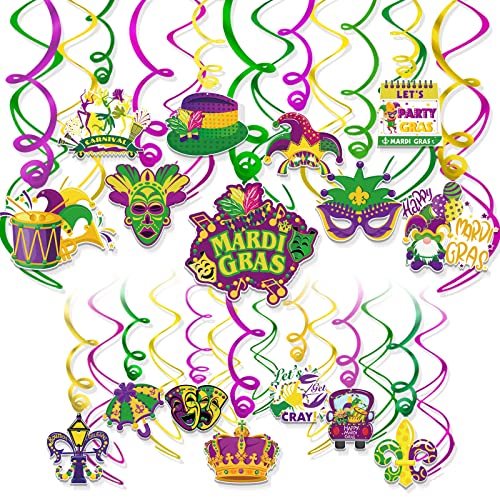 HOWAF Mardi Gras Party Hanging Swirls Decorations, Mardi Gras Themed Foil Swirls for New Orleans Party Ceiling Decoration, Mardi Gras Swirls Streamer for Masquerade Party Supplies, 30pcs