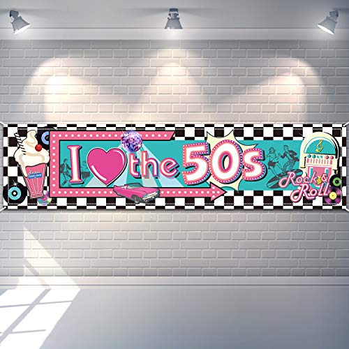 50's Party Banner I Love The 50's Banner 1950s Rock and Roll Theme Party Decorations Photo Booth Backdrop Wall Background 50s Party Decoration Baby Shower Birthday Party Supplies, 70.8 x 15.7 Inch