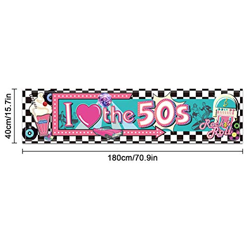 50's Party Banner I Love The 50's Banner 1950s Rock and Roll Theme Party Decorations Photo Booth Backdrop Wall Background 50s Party Decoration Baby Shower Birthday Party Supplies, 70.8 x 15.7 Inch