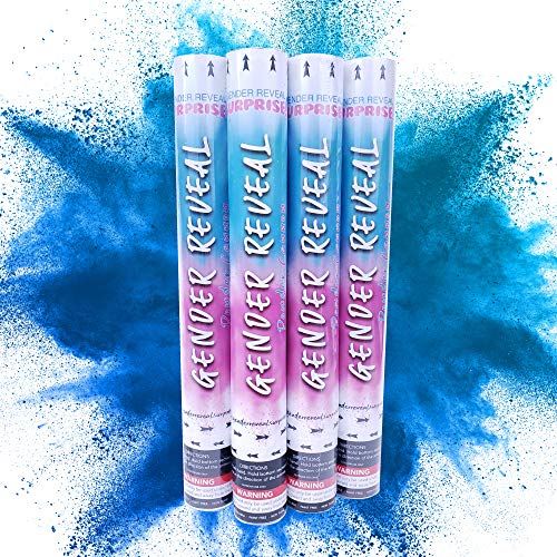 Gender Reveal Surprise Powder Cannons Bundle, 16 Inch, Non-Toxic, 4 Blue Powder Dispensers Plus 8 Free Gender Reveal Party Balloons Decorations