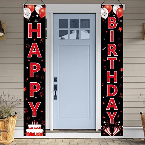 Red and Black Birthday Door Banner Decorations for Men Women, Red Black Happy Birthday Porch Sign Party Supplies, 16th 21st 30th 40th 50th 60th Birthday Backdrop Decor