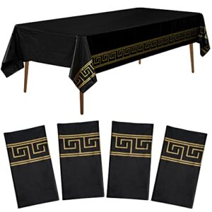 amatra 4 pack 108″ x 54″ black and gold premium disposable plastic tablecloth for 8ft long rectangle tables, waterproof covers for party, picnic, banquet & kid’s activities