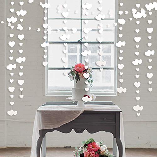 52Ft White Heart Garland White Pearl Love Heart Hanging Paper Streamer Banner for Winter Wedding Anniversary Bridal Shower Engagement Mothers Day Valentines Day Bachelorette Party Decorations Supplies