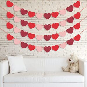 JOZON 4 Pack Felt Heart Valentine’s Day Garland Banner Valentines Day Heart Decorations for Anniversary Wedding Engagement Party Home Office Wall Decorations Supplies (Red, Pink and Dark Red Color)