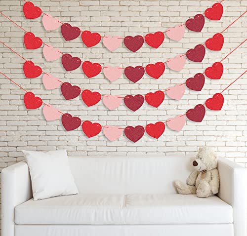 JOZON 4 Pack Felt Heart Valentine’s Day Garland Banner Valentines Day Heart Decorations for Anniversary Wedding Engagement Party Home Office Wall Decorations Supplies (Red, Pink and Dark Red Color)