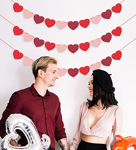 JOZON 4 Pack Felt Heart Valentine’s Day Garland Banner Valentines Day Heart Decorations for Anniversary Wedding Engagement Party Home Office Wall Decorations Supplies (Red, Pink and Dark Red Color)