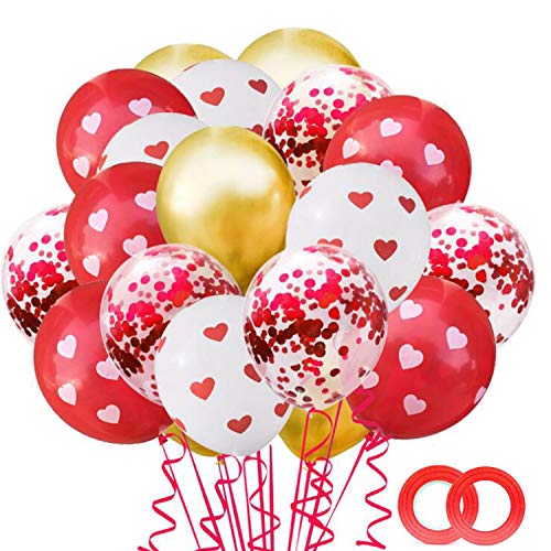 Valentines Day Decorations Party Balloons Kit, 12 Inch Heart Printed Red White Gold Confetti Balloons for Valentine's Day Anniversary Mothers Day Wedding Engagement Party SuppliesDecorations