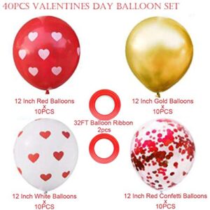 Valentines Day Decorations Party Balloons Kit, 12 Inch Heart Printed Red White Gold Confetti Balloons for Valentine's Day Anniversary Mothers Day Wedding Engagement Party SuppliesDecorations