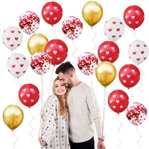 Valentines Day Decorations Party Balloons Kit, 12 Inch Heart Printed Red White Gold Confetti Balloons for Valentine's Day Anniversary Mothers Day Wedding Engagement Party SuppliesDecorations