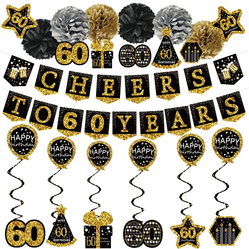 60th birthday decorations for men - (21pack) cheers to 60 years black gold glitter banner for women, 6 paper Poms, 6 Hanging Swirl, 7 decorations stickers. 60 Years Old Party Supplies gifts for men