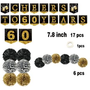 60th birthday decorations for men - (21pack) cheers to 60 years black gold glitter banner for women, 6 paper Poms, 6 Hanging Swirl, 7 decorations stickers. 60 Years Old Party Supplies gifts for men