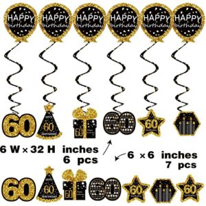 60th birthday decorations for men - (21pack) cheers to 60 years black gold glitter banner for women, 6 paper Poms, 6 Hanging Swirl, 7 decorations stickers. 60 Years Old Party Supplies gifts for men