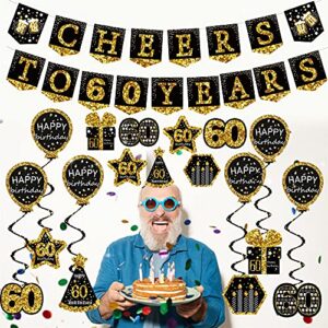 60th birthday decorations for men - (21pack) cheers to 60 years black gold glitter banner for women, 6 paper Poms, 6 Hanging Swirl, 7 decorations stickers. 60 Years Old Party Supplies gifts for men