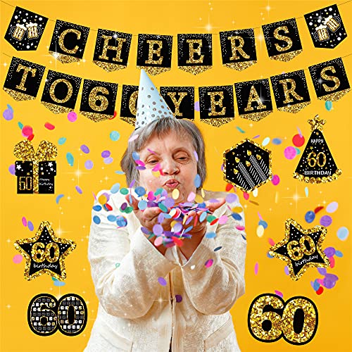 60th birthday decorations for men - (21pack) cheers to 60 years black gold glitter banner for women, 6 paper Poms, 6 Hanging Swirl, 7 decorations stickers. 60 Years Old Party Supplies gifts for men