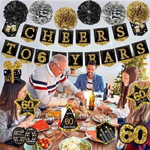 60th birthday decorations for men - (21pack) cheers to 60 years black gold glitter banner for women, 6 paper Poms, 6 Hanging Swirl, 7 decorations stickers. 60 Years Old Party Supplies gifts for men