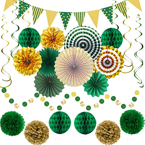 Green Gold Party Decorations Paper Fans, Graduation Season Hanging Glitter Triangle Flags Banner Hanging Paper Fan Happy Birthday Banners and Triangular Flag, Bridal Shower,Green Themed Birthday